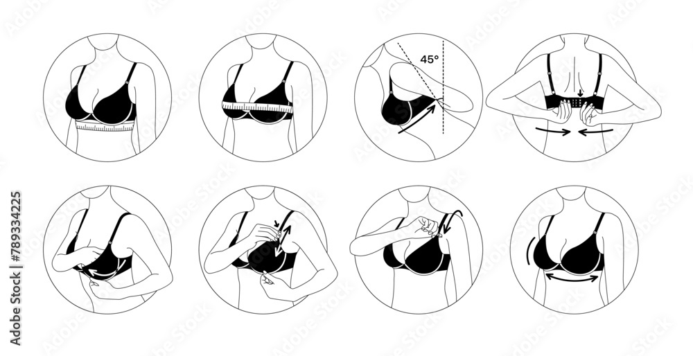 How to put a bra on correctly icons. Modern vector infographic in black ...