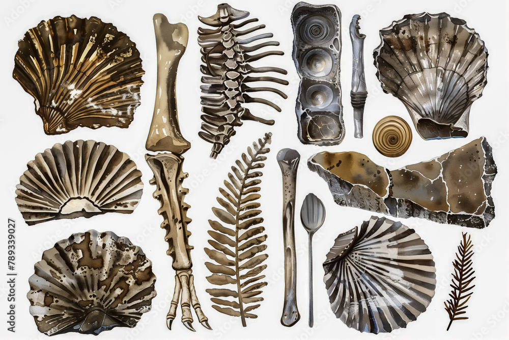 Fossil vector. Archeologic fossil dig set. Dinosaur dino foot, sea ...