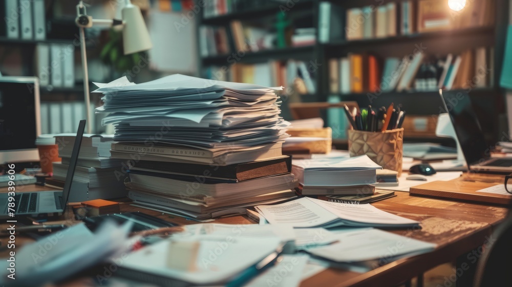 A cluttered desk covered with stacks of paperwork, representing the ...