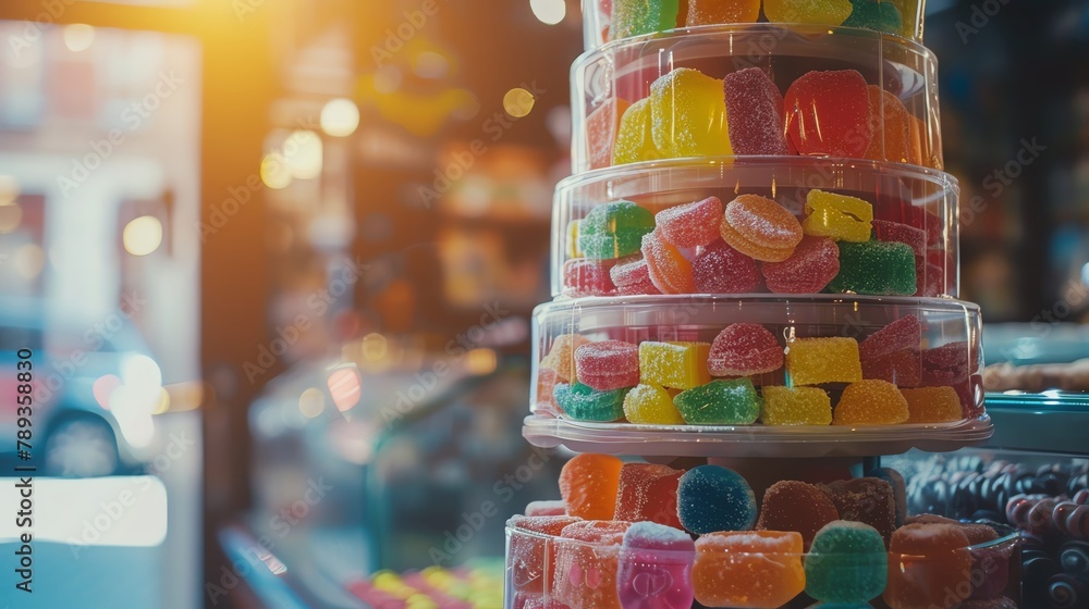 Low angle shot of a tower of colorful candy in a quaint candy shop ...