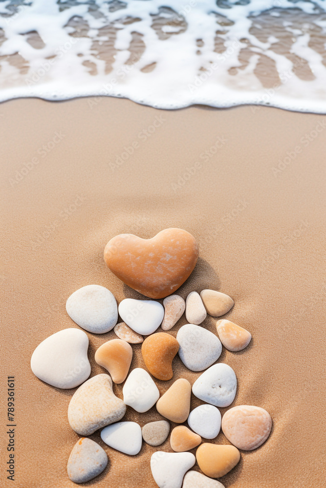 Heart-shaped pebbles arranged on a sandy beach, with waves in the ...
