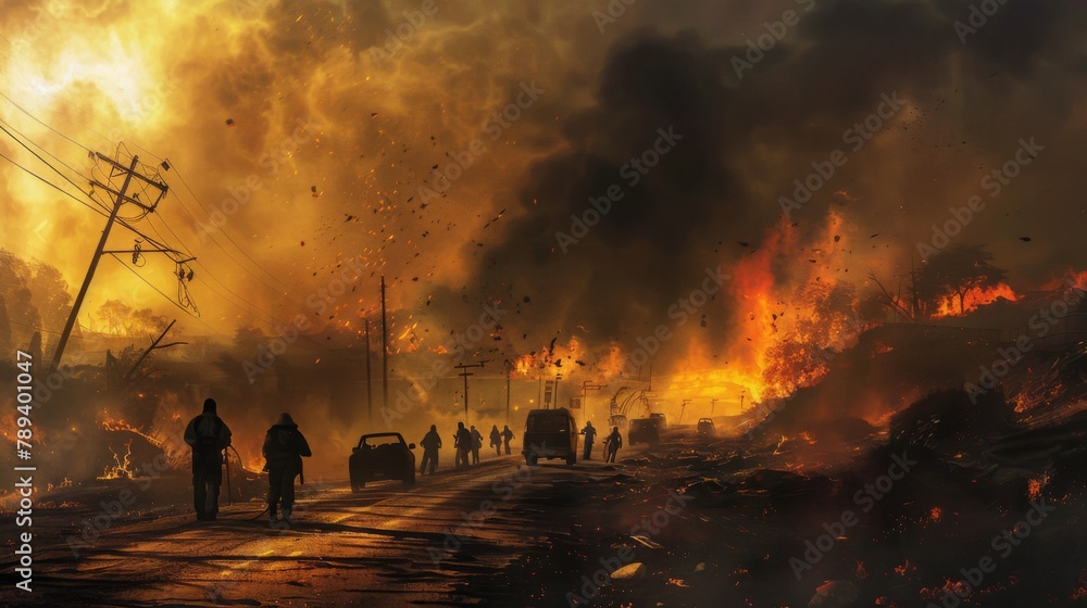 An emergency evacuation scene as people flee from advancing wildfires ...