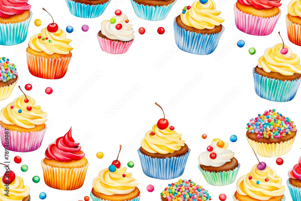 Different flavored cupcakes frame banner overlay watercolor ...