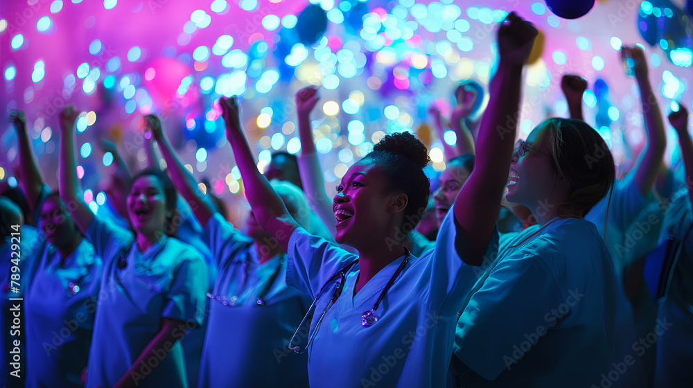 nurses of diverse backgrounds cheering with their hands up to the ...