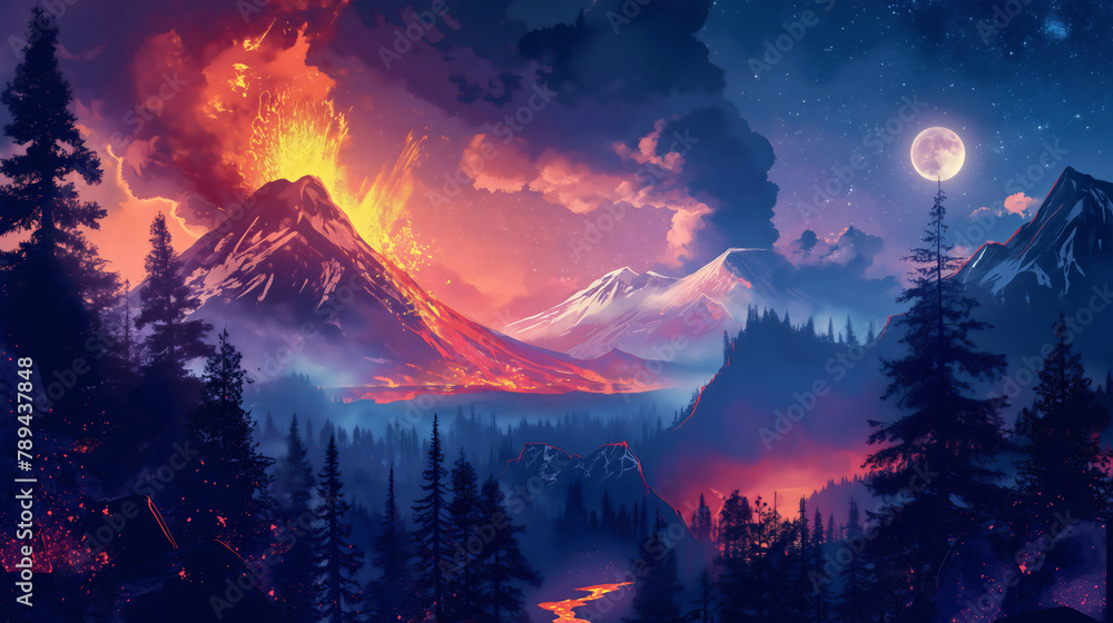 Illustration of the volcano eruption, lava flow, fire and smoke on ...
