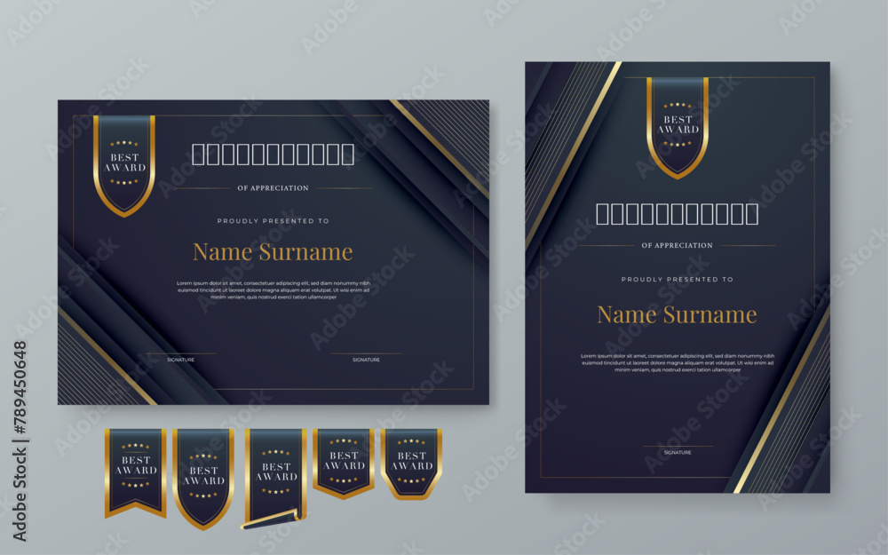 Black and gold modern certificate template with shapes. For corporate ...