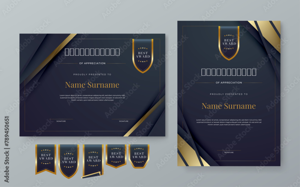 Black and gold modern certificate template with shapes. For corporate ...