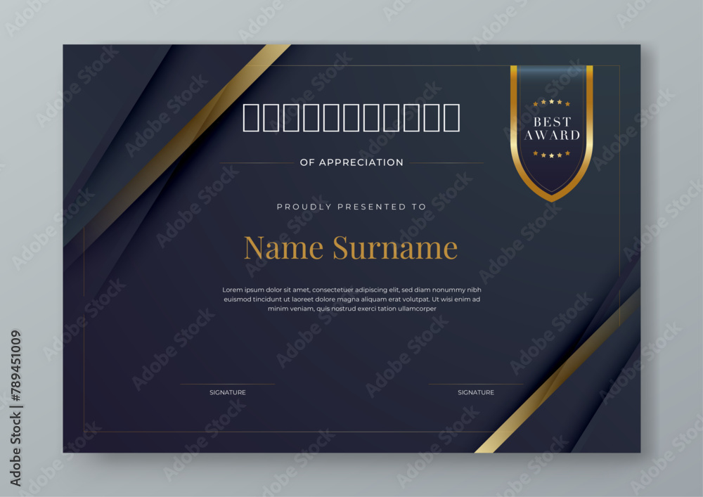 Black and gold modern certificate template with shapes. For corporate ...