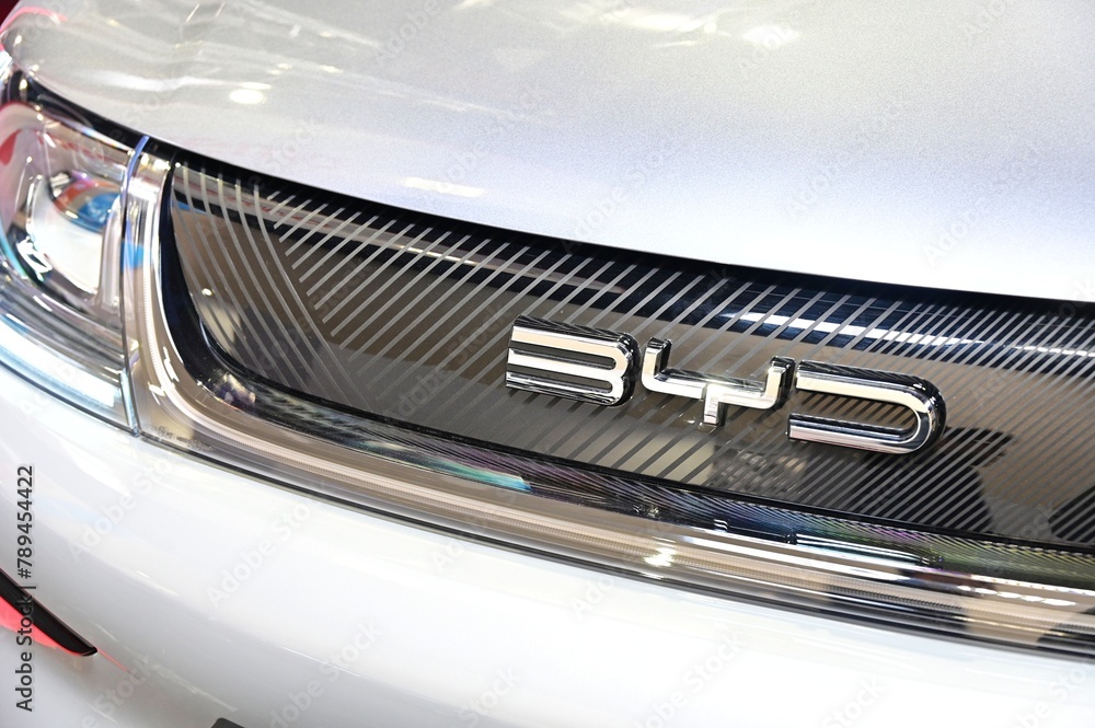 BYD full electric car logo on display at motorshow Turin Italy April 19 ...