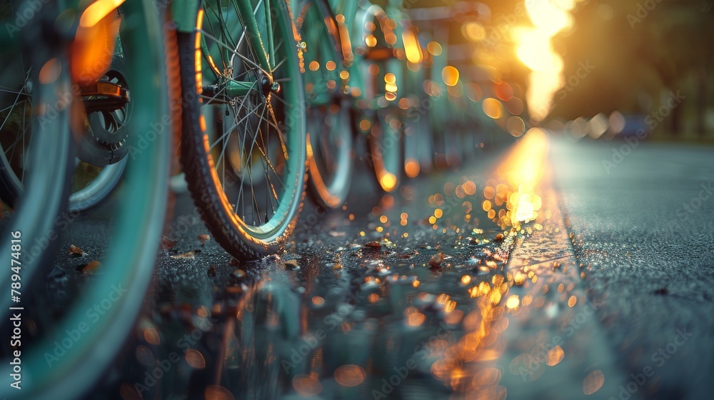 An array of green bicycles line the street - A detail of one of the ...