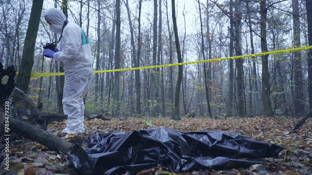 Forensic expert photographs the crime scene, with the victim's body ...