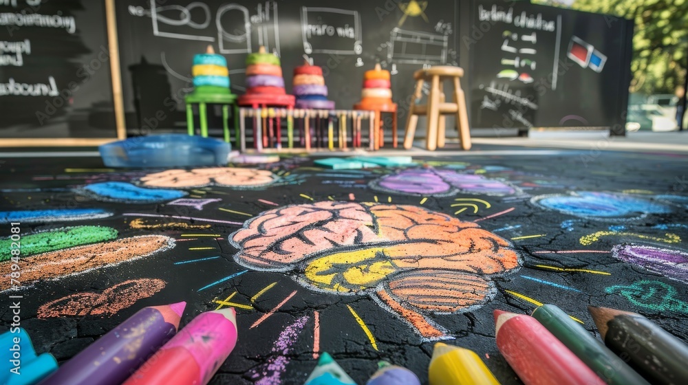Chalk drawing of human structure showing brain activity on asphalt ...