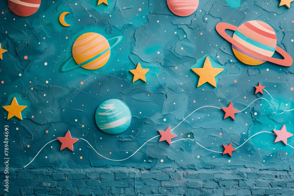 a children's space-themed wall, with background elements like planets ...