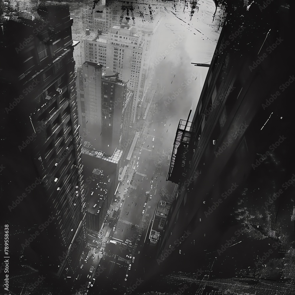 Capture a bleak dystopian cityscape from a worms-eye view using black ...