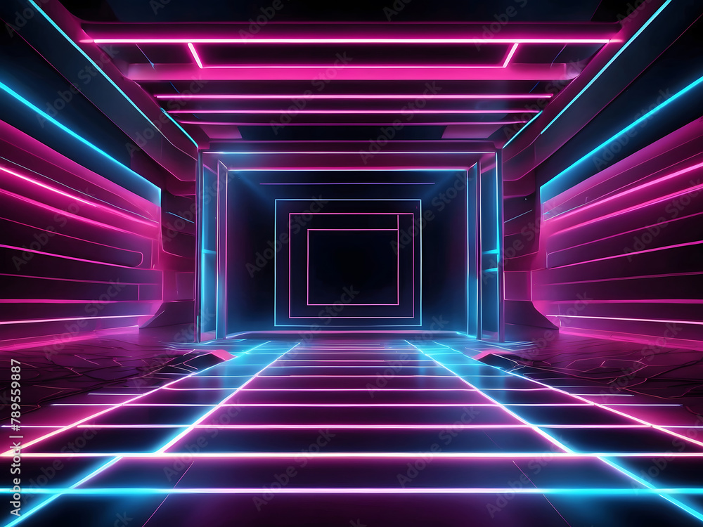 Abstract neon light geometric background. Glowing neon lines design. Empty futuristic stage ...