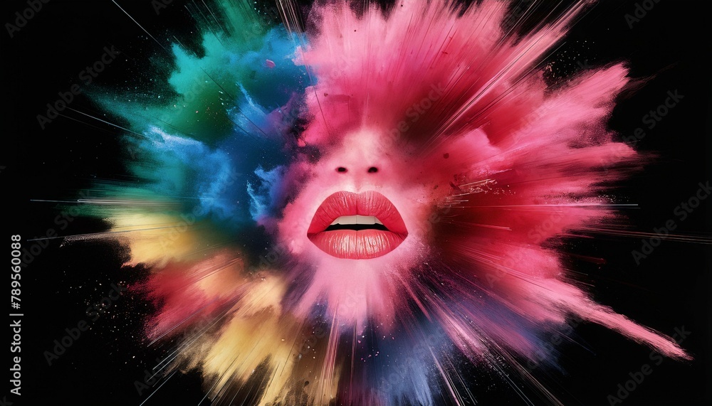 Dynamic explosion of colours, predominantly in shades of pink, blue and ...