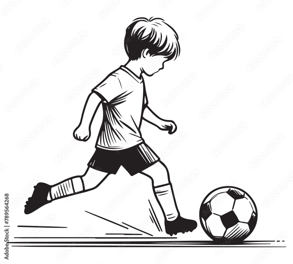 Cute boy playing football. Design for t-shirt print, icon, logo, label ...
