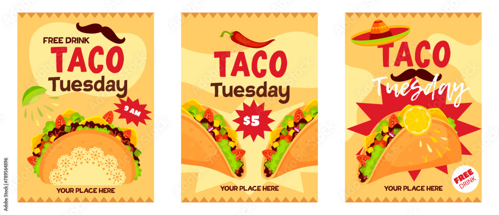 Taco Tuesdays template set. Delicious Tacos flyer with colorful cartoon ...
