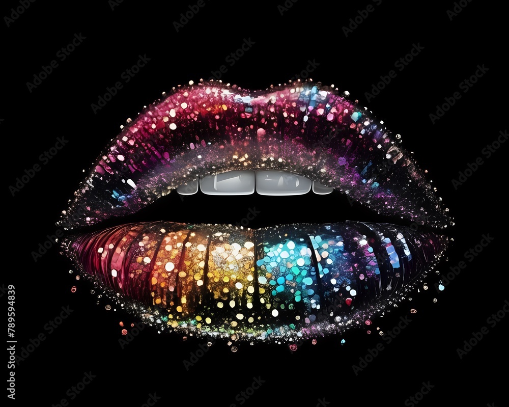 Glittery rainbow lips isolated clipart on black background. Stock ...