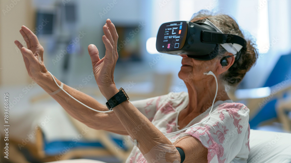 A patient wears a VR headset, engaging in immersive therapy exercises ...