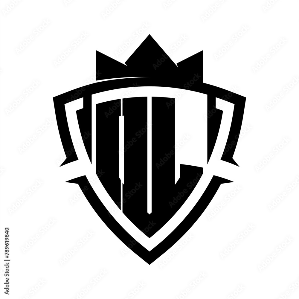 OL Letter bold monogram triangle curve shield shape with crown black and white background color ...
