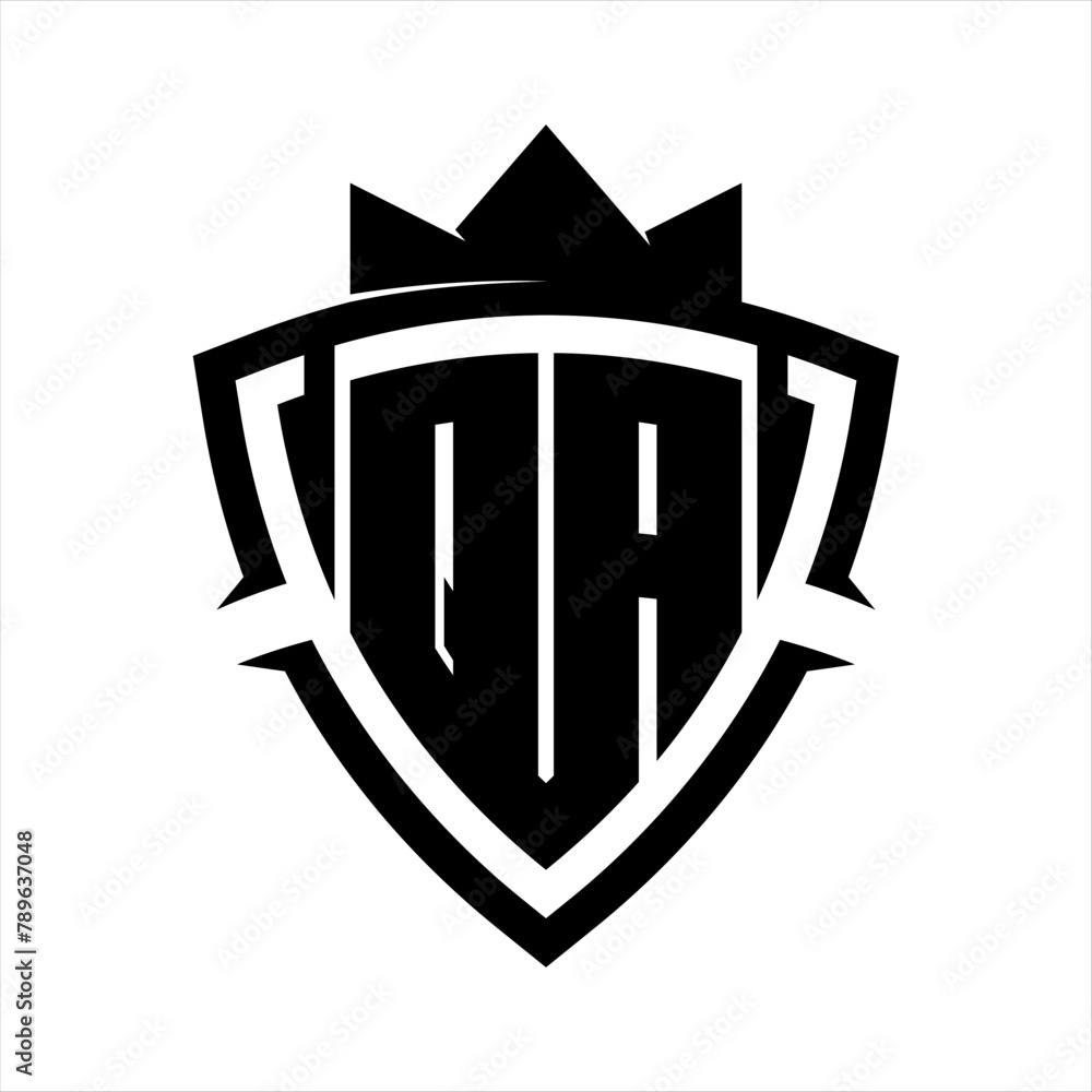 QA Letter bold monogram triangle curve shield shape with crown black and white background color ...