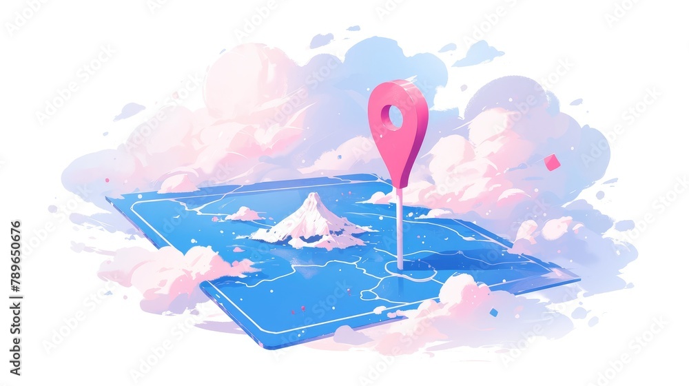 Illustration of a cartoon pink 2d location pin icon atop a cartoon ...
