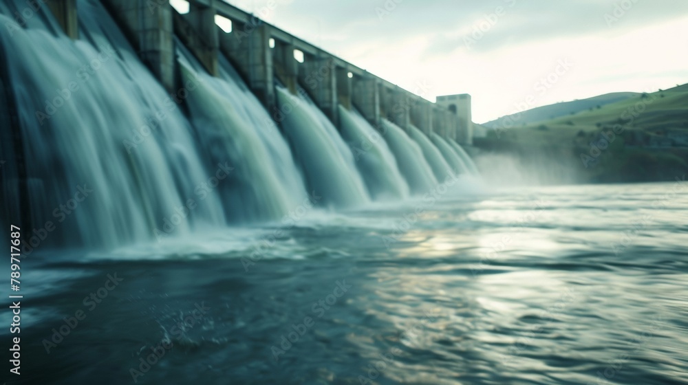Out of focus shot of a dam and its powerful water flow a symbol of ...