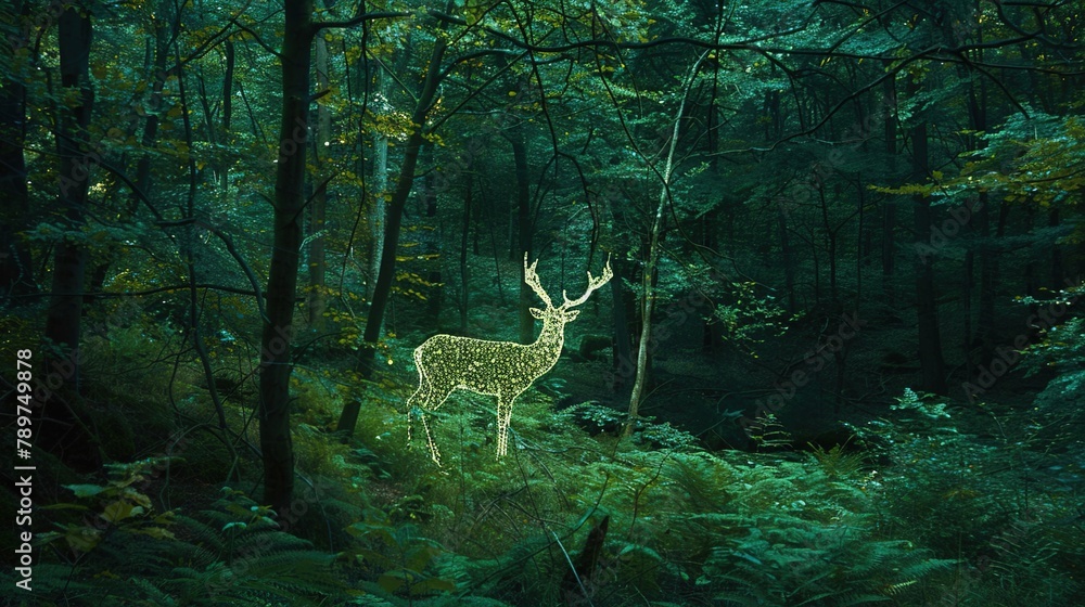 Natural photograph of a dense forest, focal point is a green neon ...