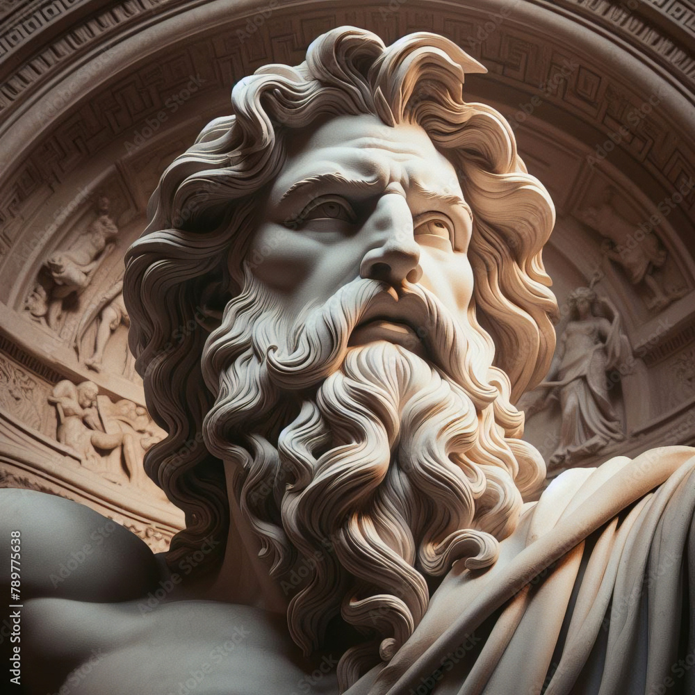 Handsome marble statue of powerful greek god Zeus over dark background ...