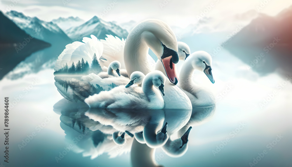 Serenity of Swans: A graceful swan family gliding over a tranquil lake ...