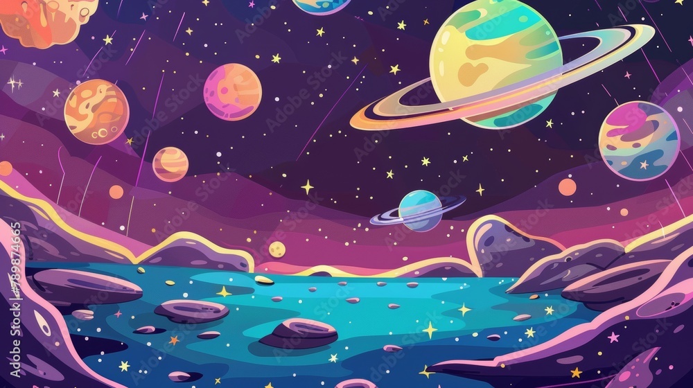 Game level map with complete stages, gold stars and alien planet ...