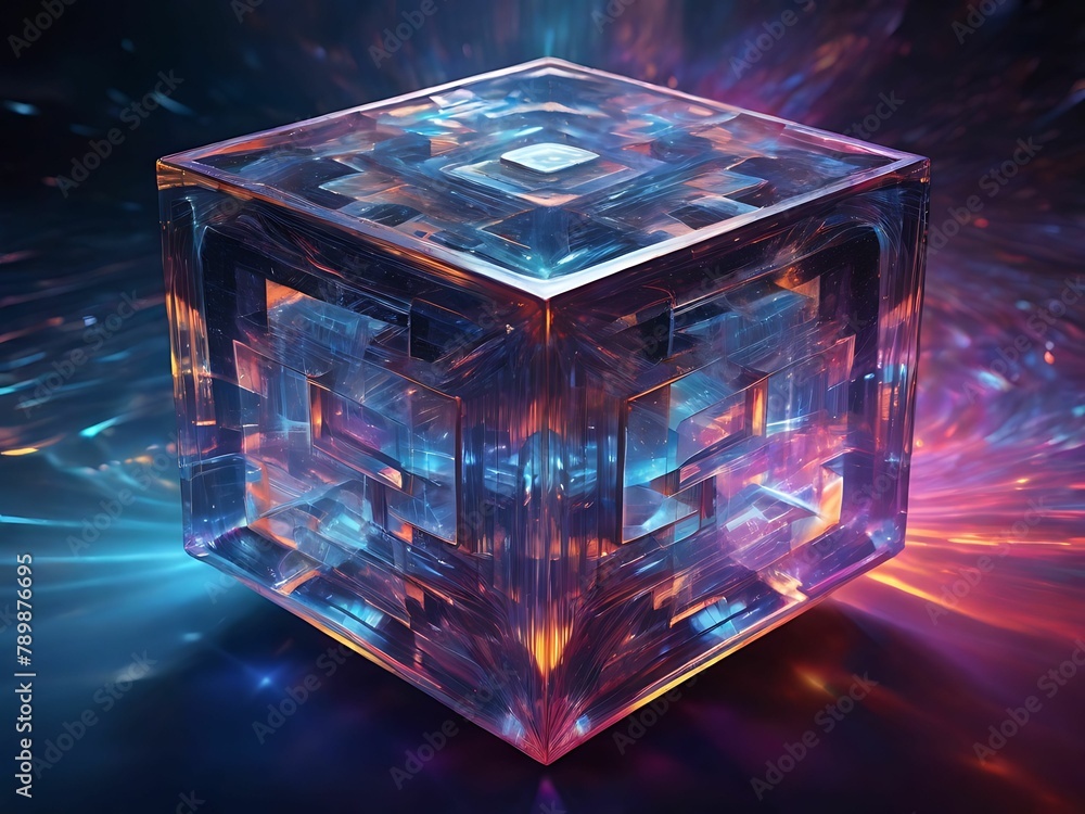 Visualize a holographic tesseract, its multidimensional form shifting ...