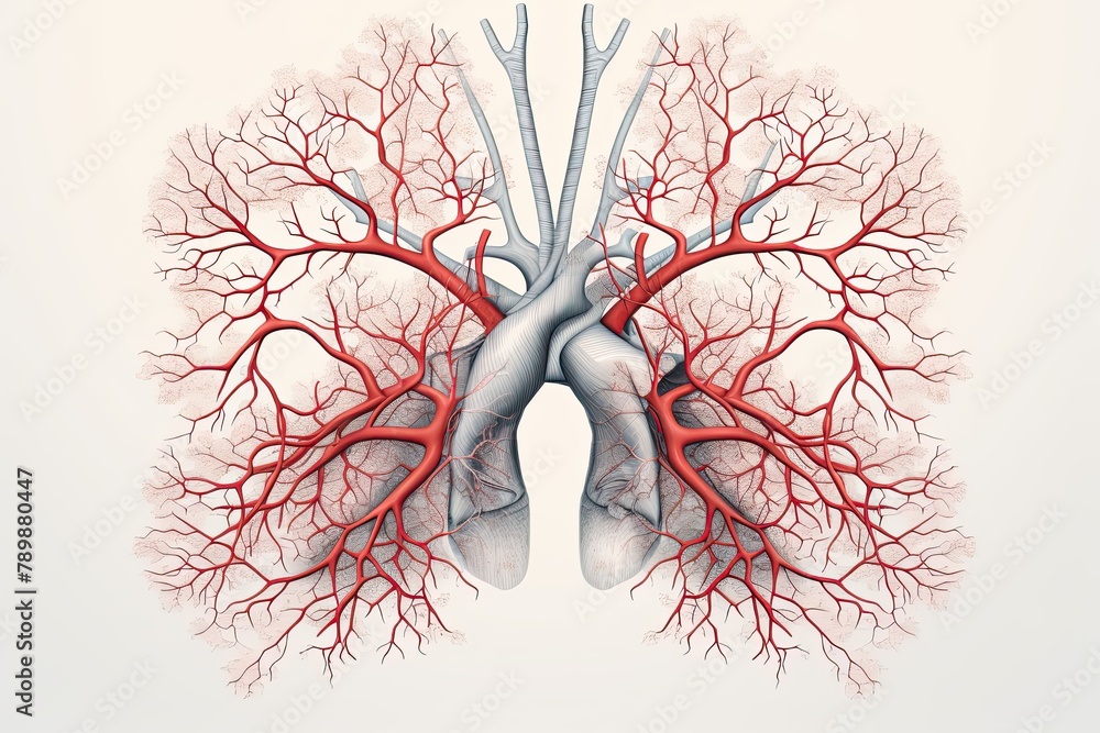 Detailed schematic of the human heart and blood vessels, illustrating ...