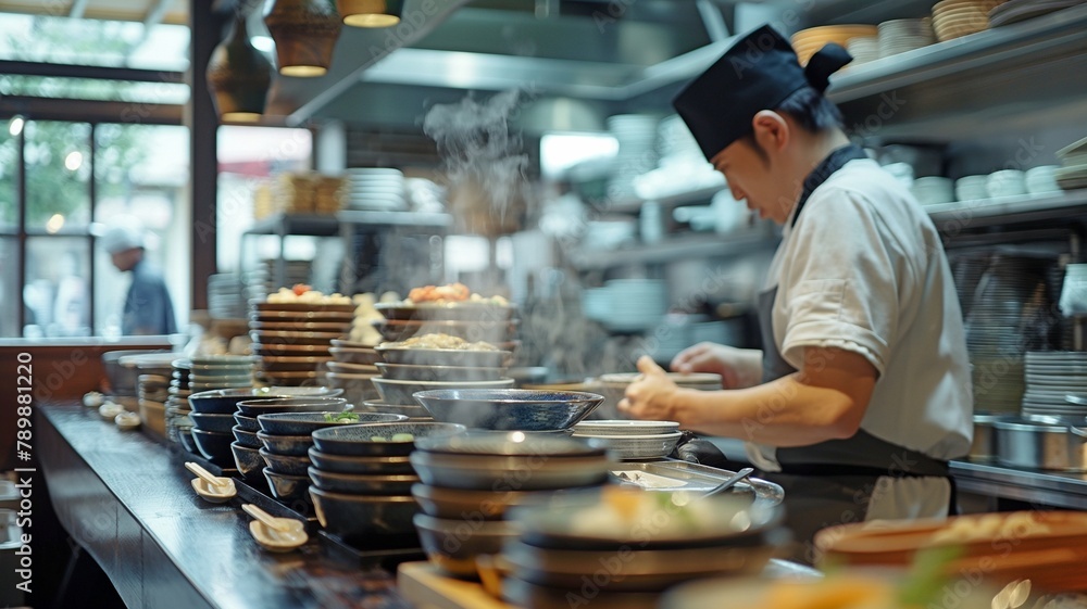 The Blur chef, who is cooking at the kitchen counter, serves customers ...