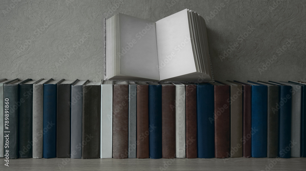 mockup blank template. Stack of opened old books lien on wooden shelf ...