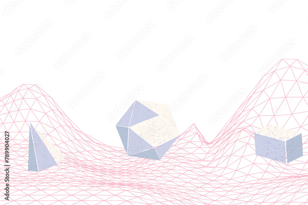 Geometric shapes on a png pink wireframe wave background Stock ...