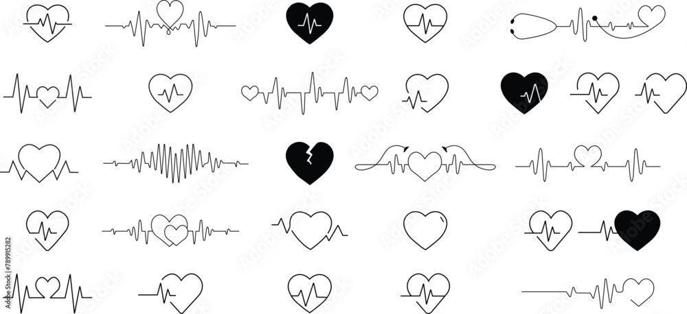 Set of Heartbeat icons. Symbols cardiogram heart logos in linear styles ...