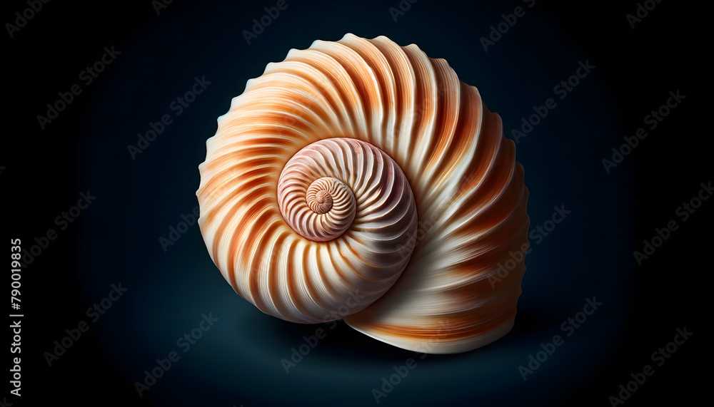 A meticulously detailed Nautilus shell emerges from the darkness, its ...