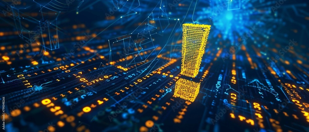 digital yellow exclamation mark icon with binary code, ai in alert ...