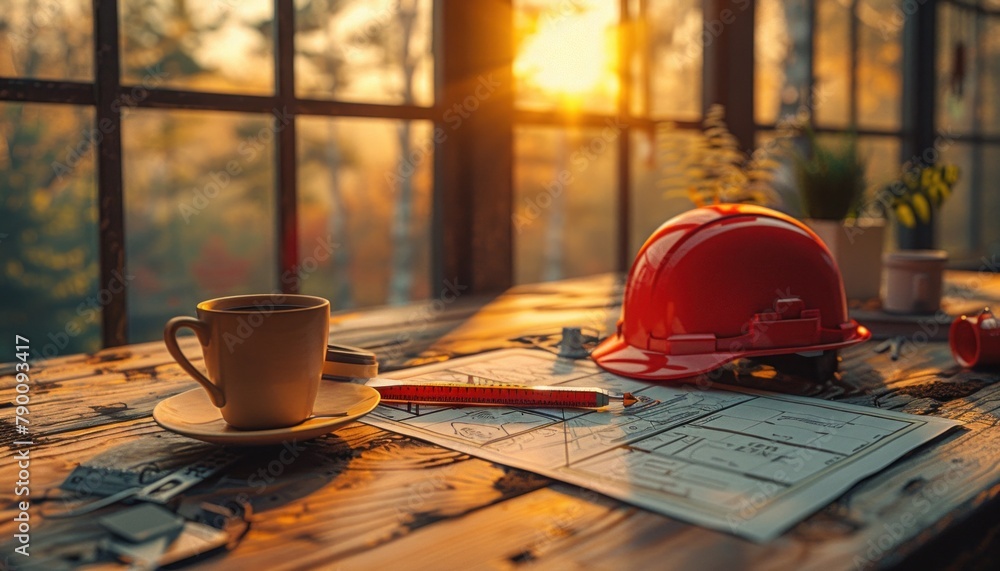 Red construction helmet on the table: a symbol of reliability and ...