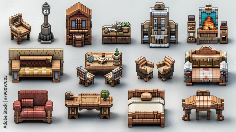 pixel art set isolated home living room, furniture items, including ...