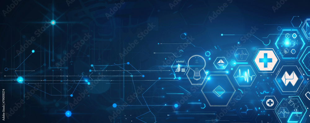 Wide banner of digital healthcare symbols and technology on a blue ...