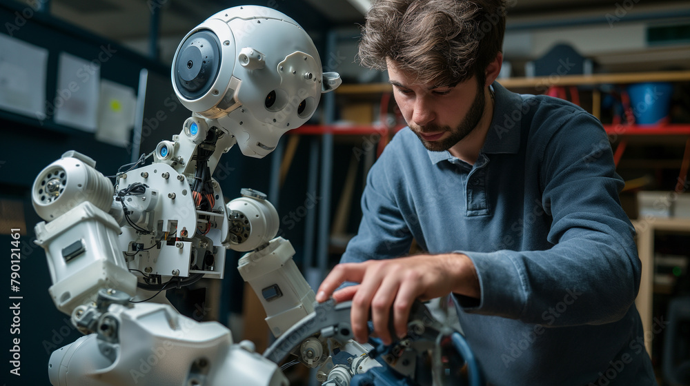 Surrounded by innovation, the engineer prototypes a next-gen humanoid ...