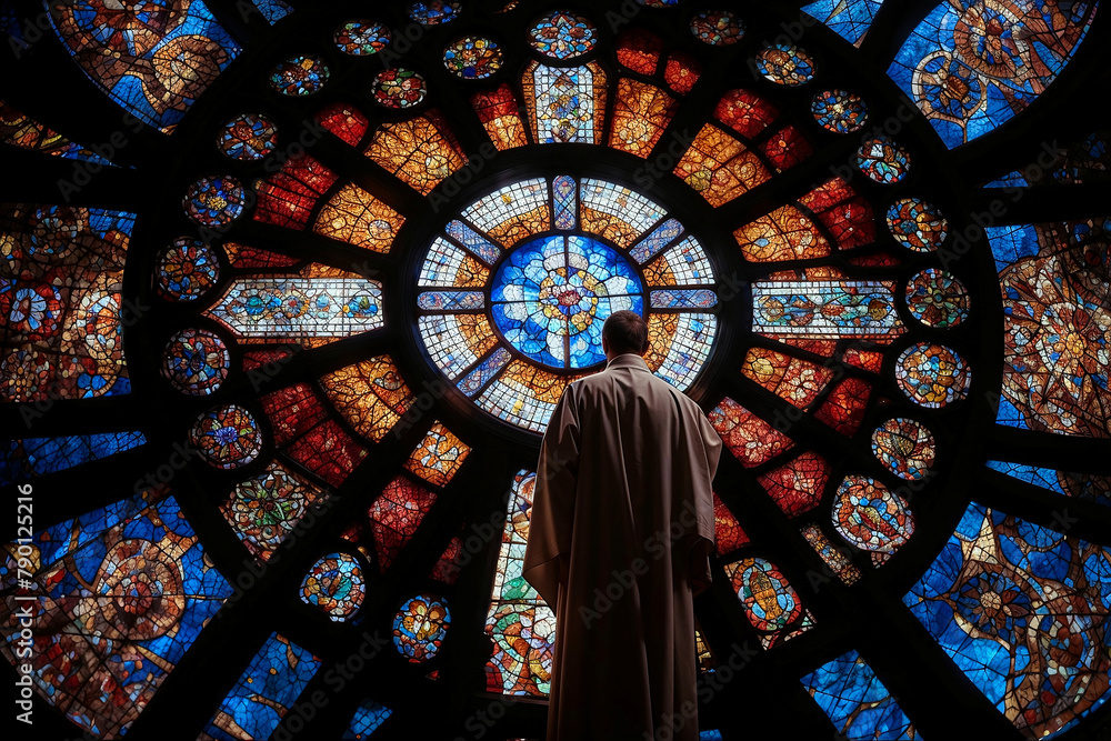 Beautiful artwork on a huge stained glass window towering over a priest ...