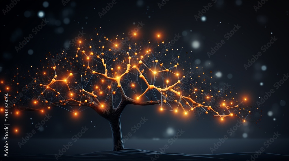 Digital network tree visualization, nodes connected with glowing lines ...
