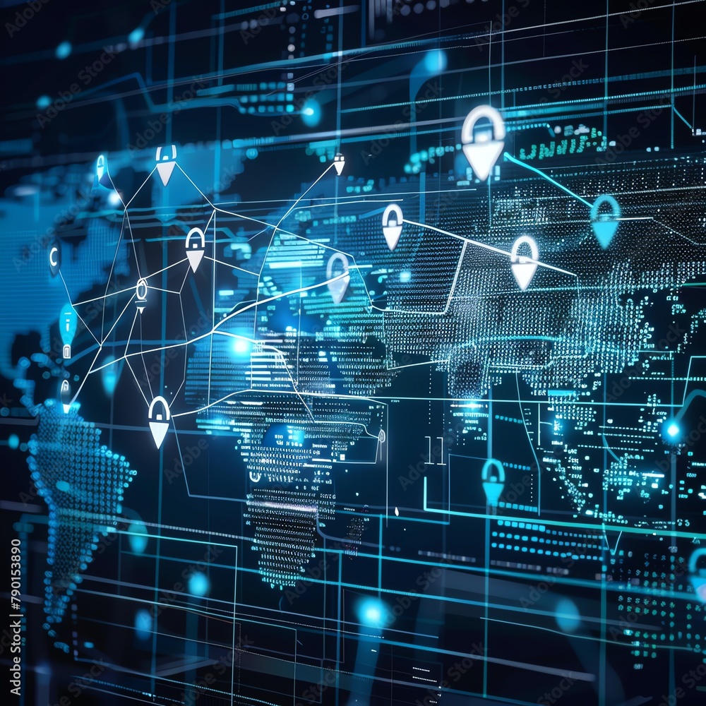 A conceptual image featuring a world map, digital binary code and AI icons, depicting global AI ...