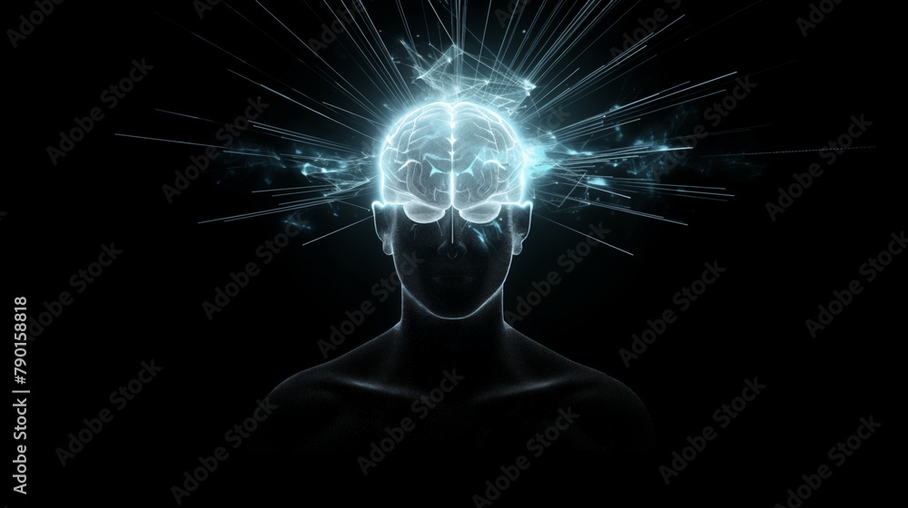 silhouette of a human head and shoulders against a black background ...
