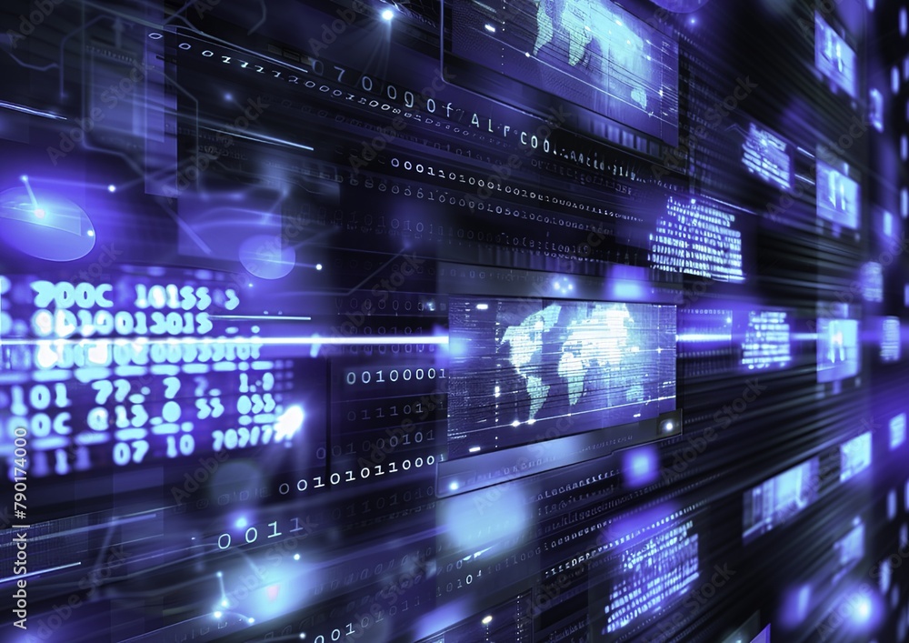 Digital Background with Computer Screens and Web Pages, Binary Code and Digital World Maps, Blue ...