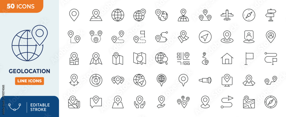 Geolocation icons set. Outline Icon Collection. Vector illustration ...